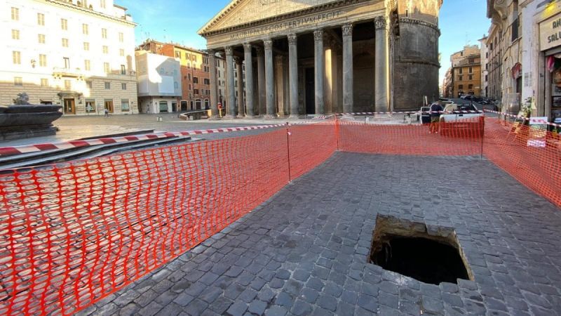 A sinkhole opened near Pantheon, Rome, revealing slabs of ancient ...